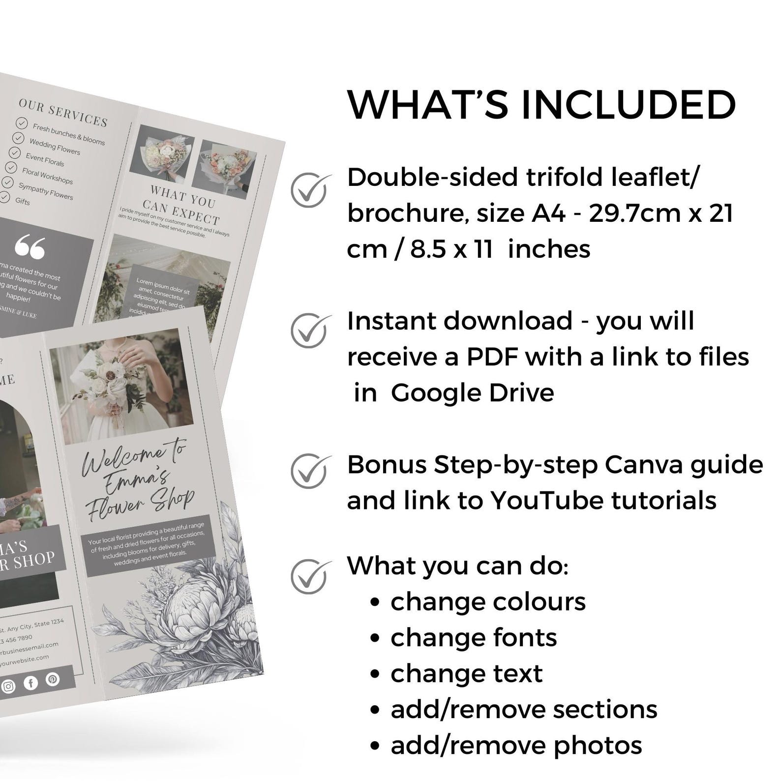 Editable Canva Florist Trifold Brochure Template, Double Sided Business Flyer, Printable Floral ...