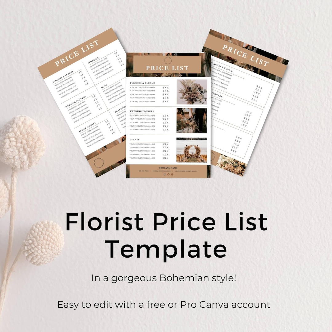 Editable Florist Price List Canva Template, Modern Floral Pricing Sheet ...