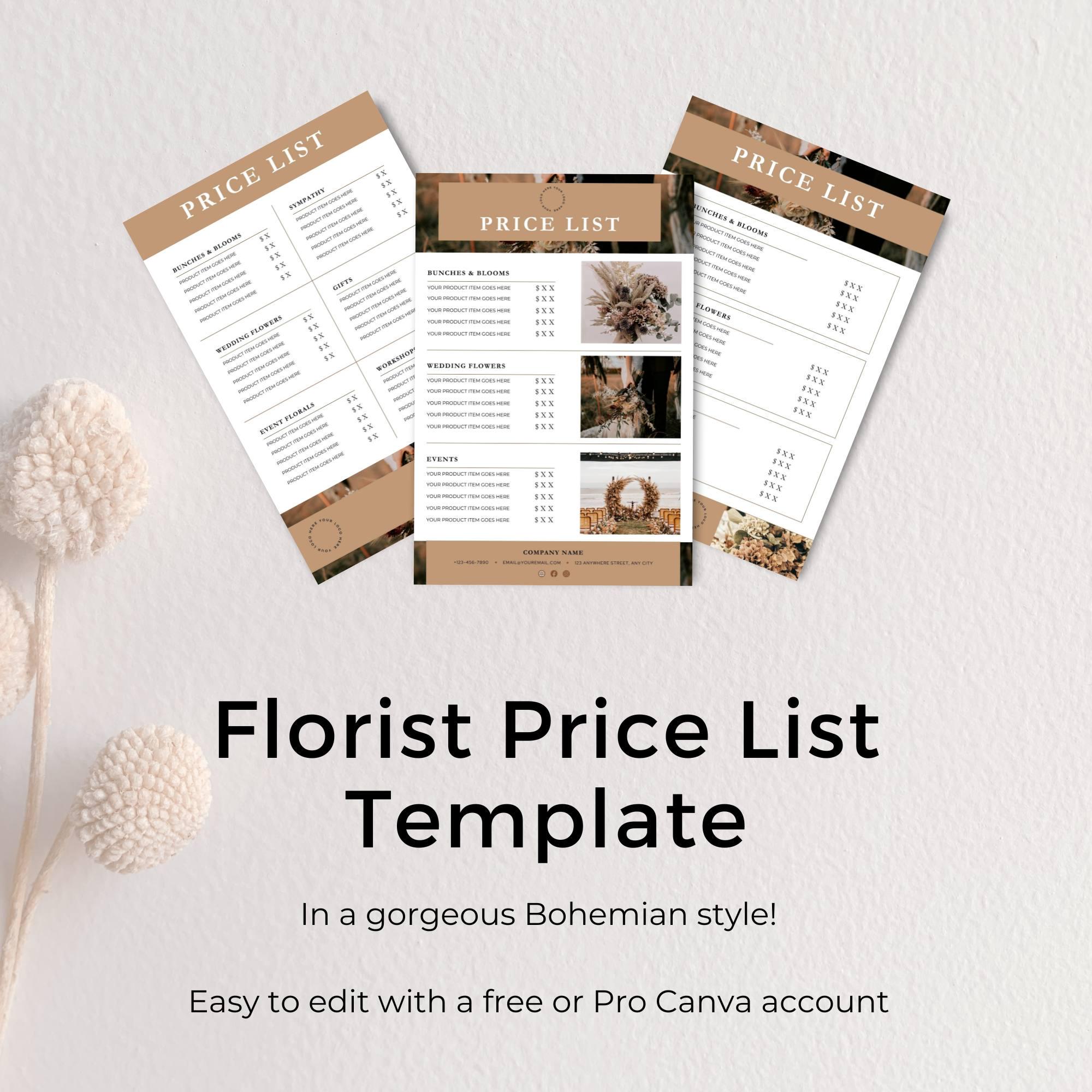 Editable Florist Price List Canva Template, Modern Floral Pricing Sheet ...
