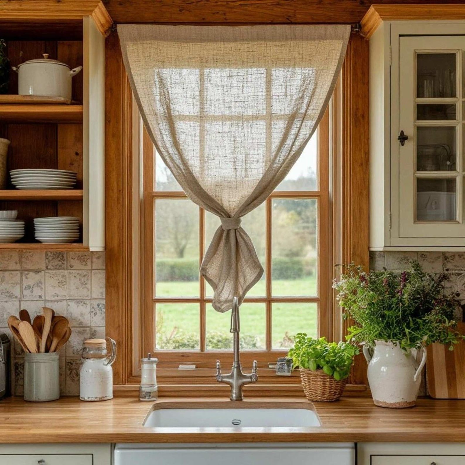 Linen Cafe Curtain. Farmhouse Kitchen Curtains. Linen Blinds. Window ...