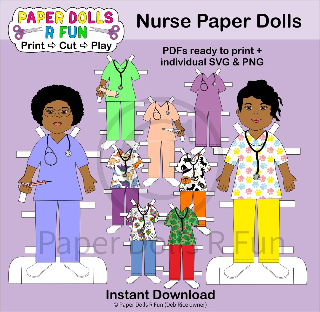 Nurse Paper Dolls Black Nurse, Many Different Nurse Scrubs, Printable ...