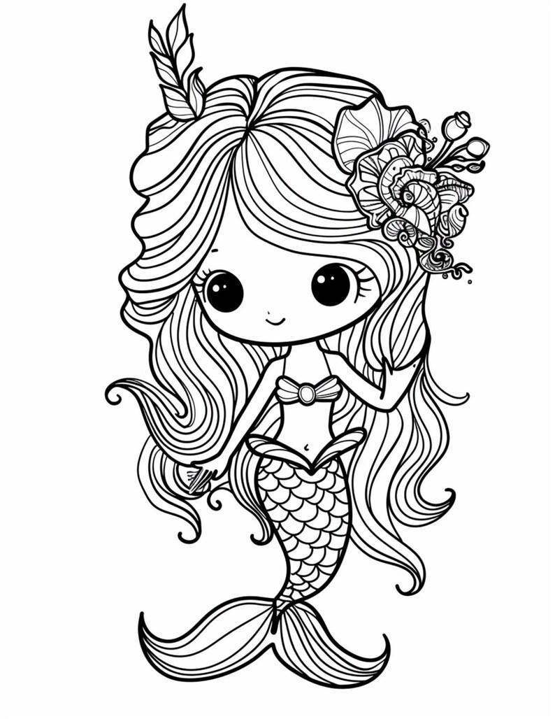 Mystical Cute Mermaid5 Coloring Page for Kids & Adults Coloring Sheet ...