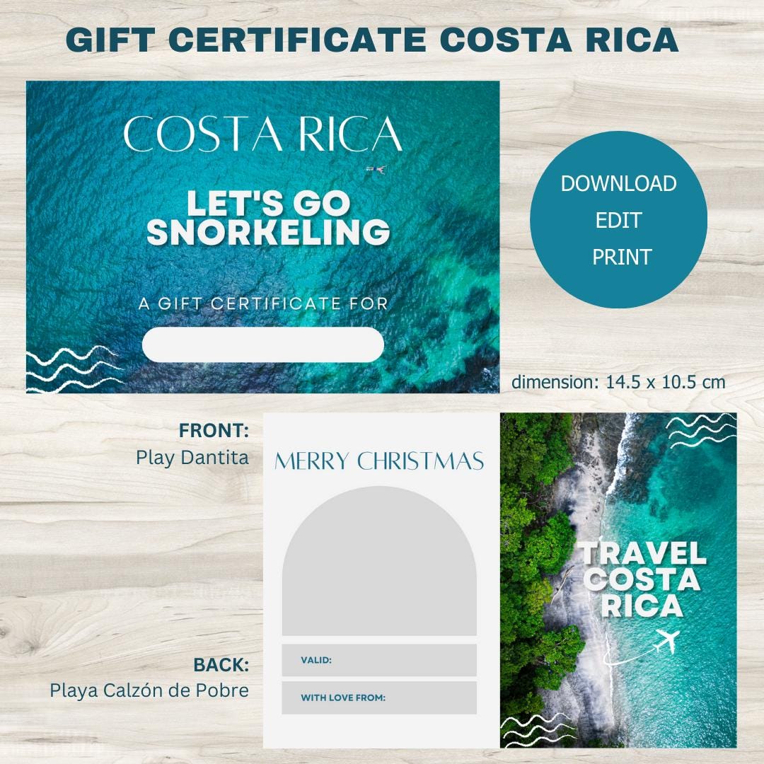 Costa Rica Snorkeling Gift Certificate, Editable Costa Rica Voucher ...