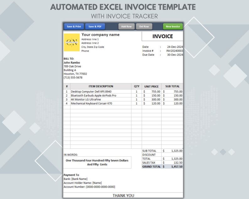 Automated Excel Invoice Template | Small Business, Freelancer ...