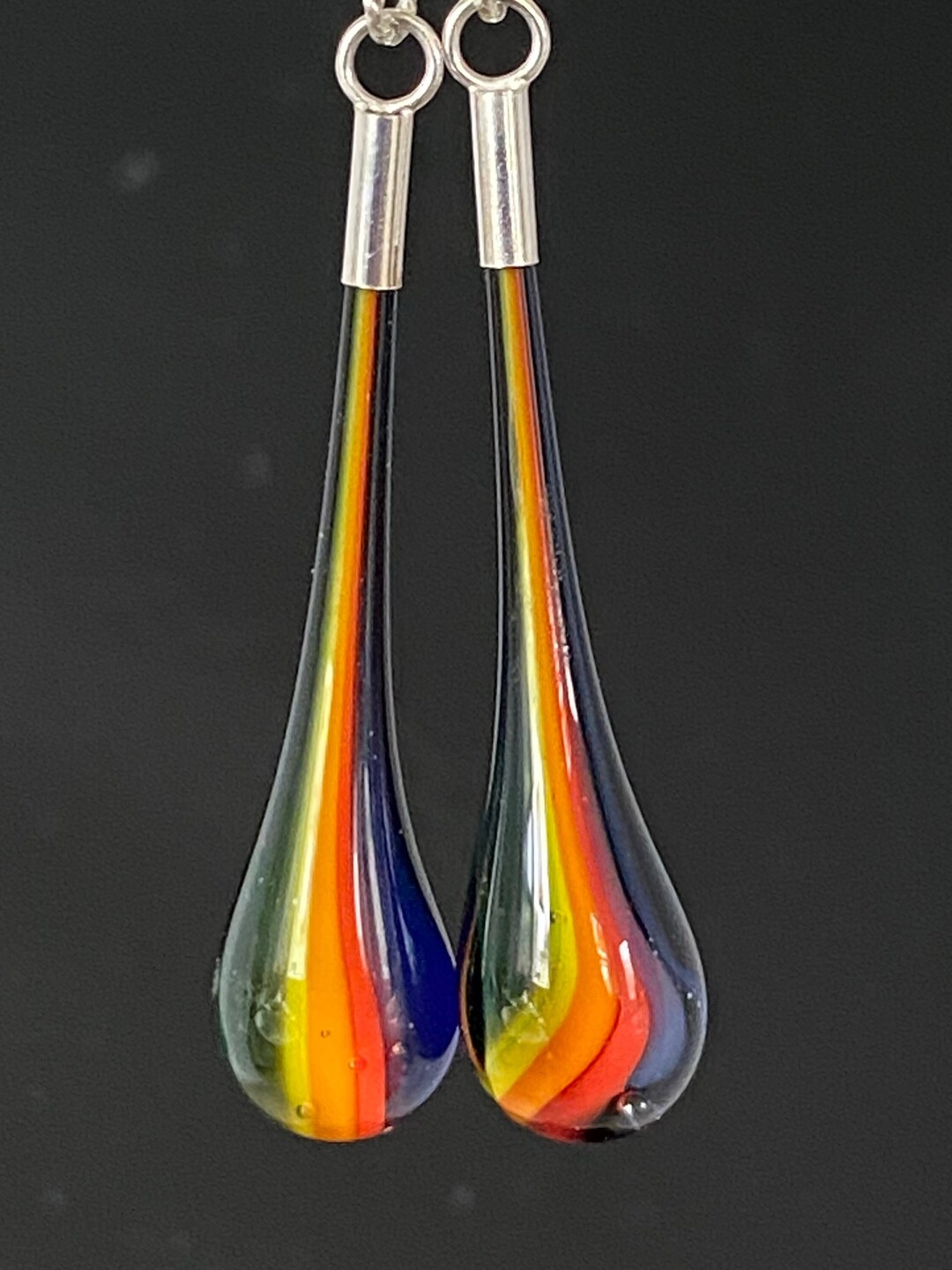 Rainbow on Black Glass Tear-drop Shaped Earrings. Sterling Silver ...