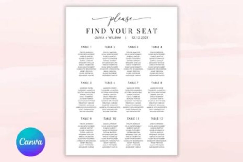 Editable Wedding Seating Chart Template Minimalist Canva Seating Plan ...