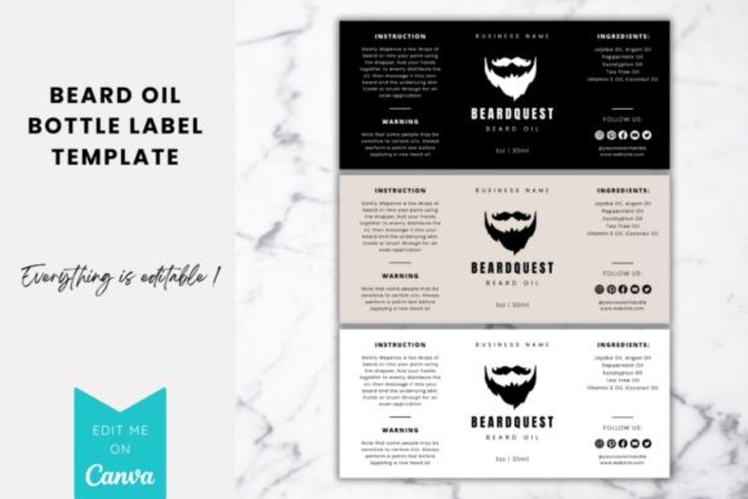 Editable Beard Oil Bottle Label Template Custom Beard Care Labels ...