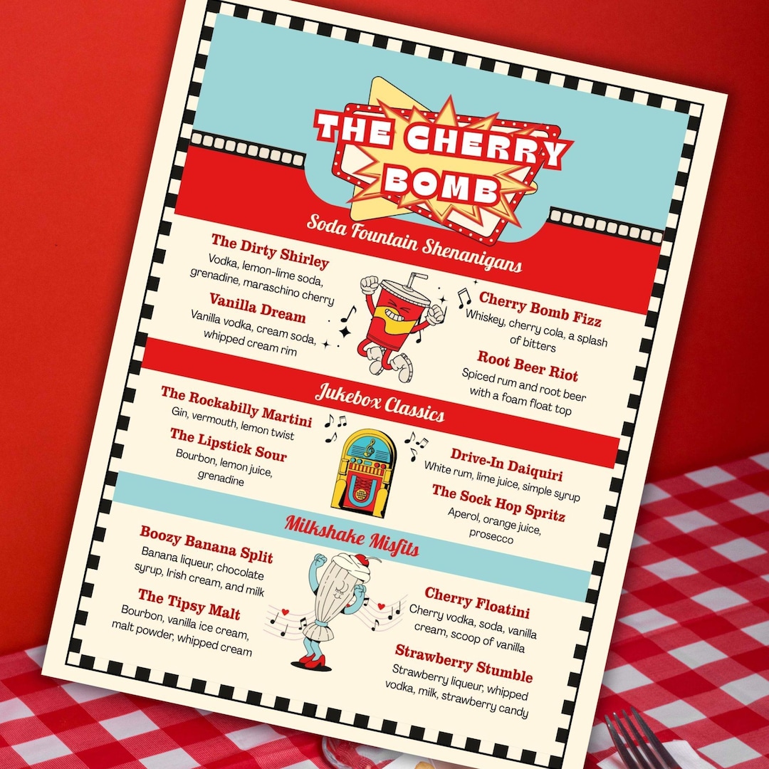 1950s Diner Cocktail Menu Template: Retro Party Bar Sign (canva Pro) - Etsy