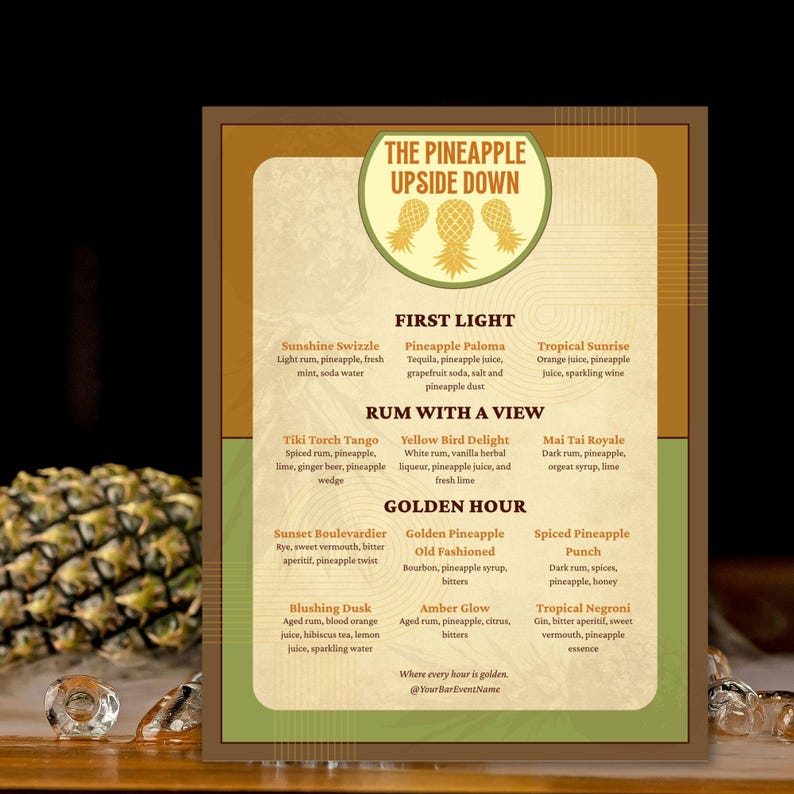 Tiki Cocktail Menu Canva Pro Template | Upscale Tropical Bar Menu ...