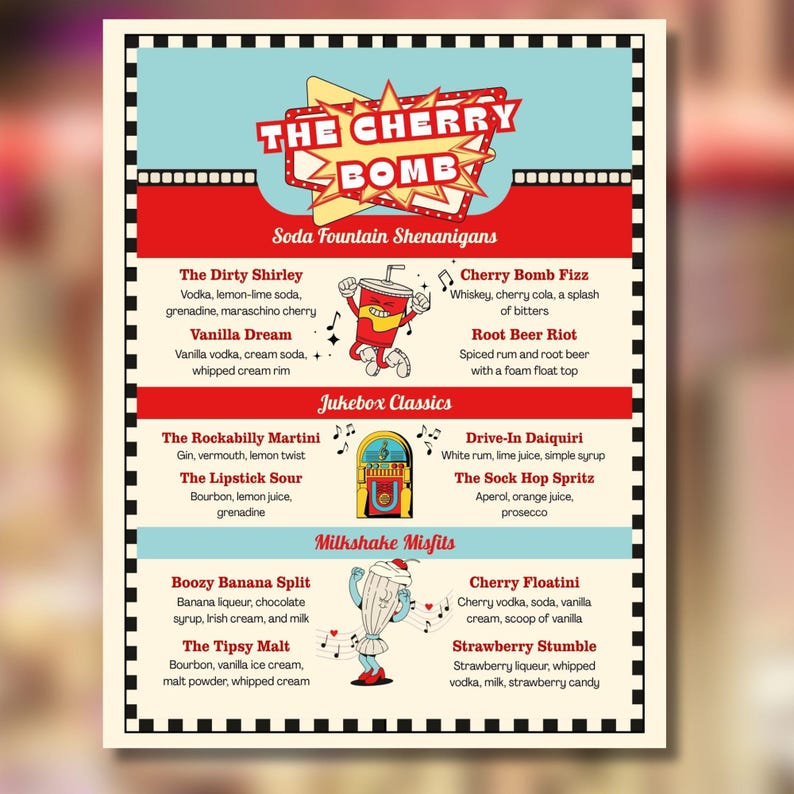 1950s Diner Cocktail Menu Template: Retro Party Bar Sign (canva Pro) - Etsy
