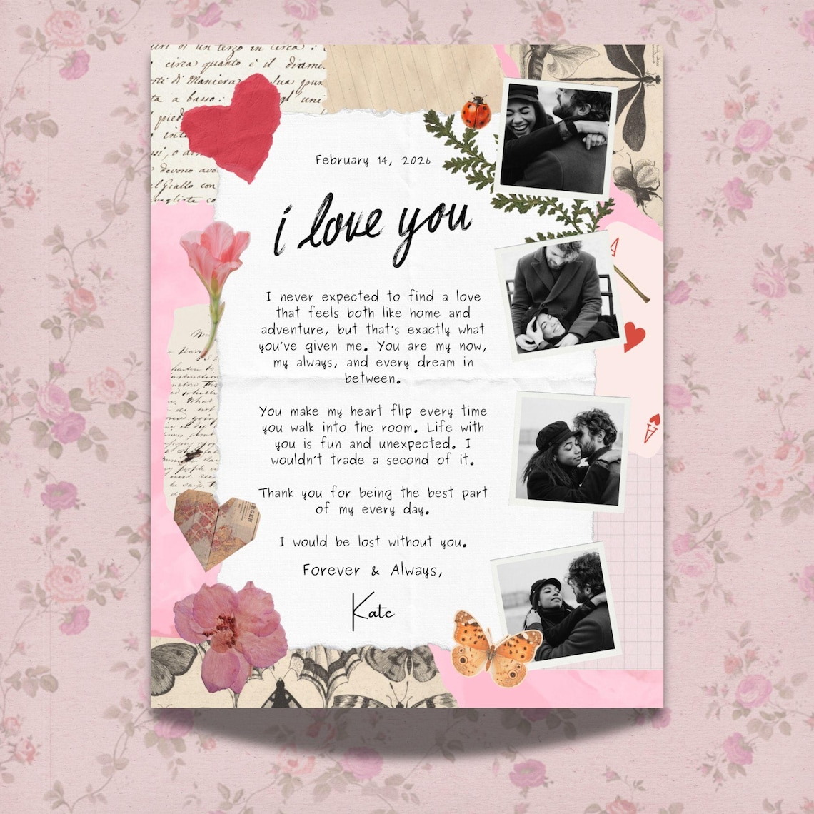 Printable DIY Love Letter Template | Romantic Scrapbook Photo Collage ...