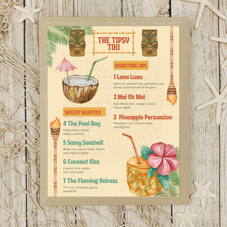 Retro Tiki Bar Cocktail Menu Template: Vintage Tropical Luau Drink Sign ...