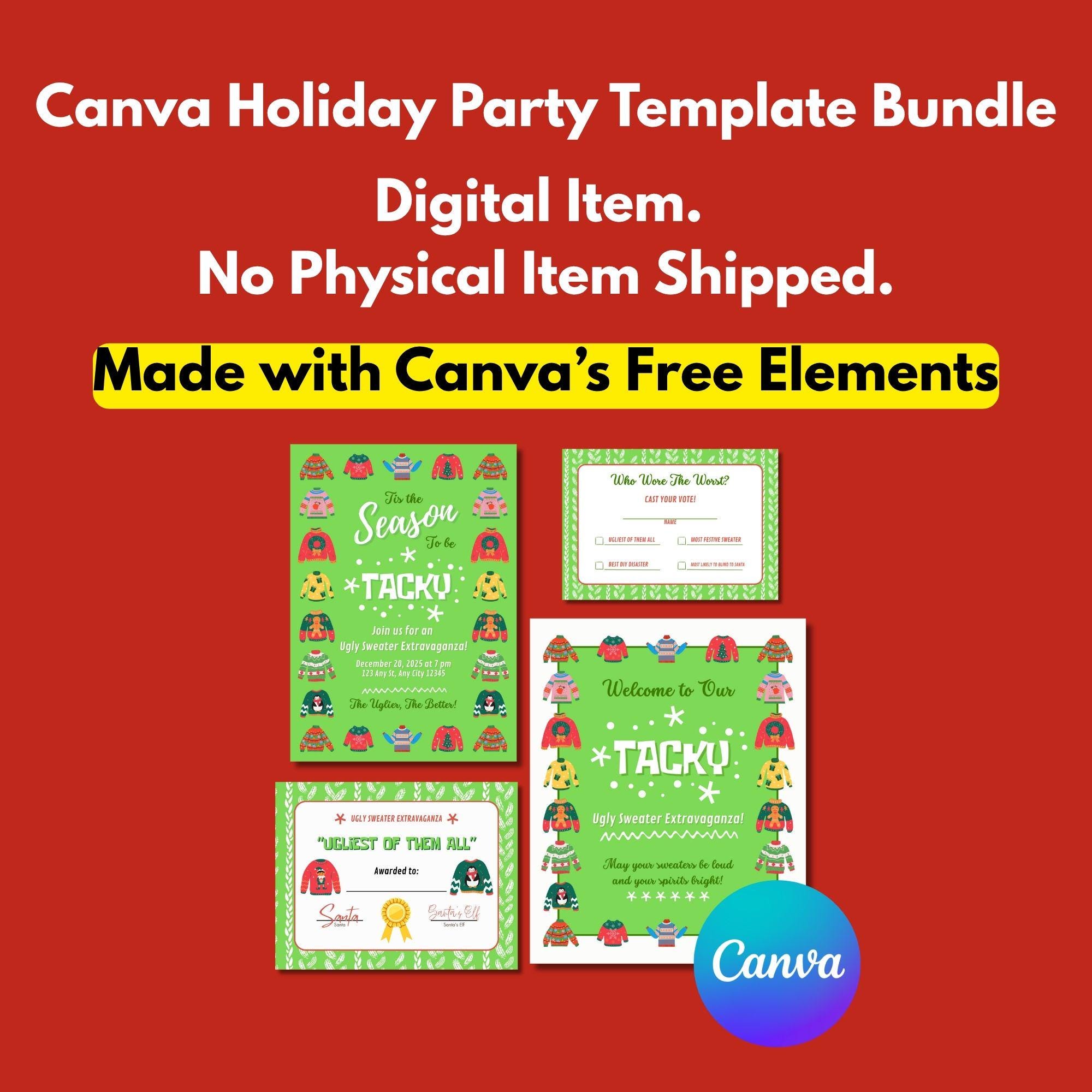 Ugly Sweater Holiday Party Canva Bundle: Tacky Christmas Invite, Sign ...