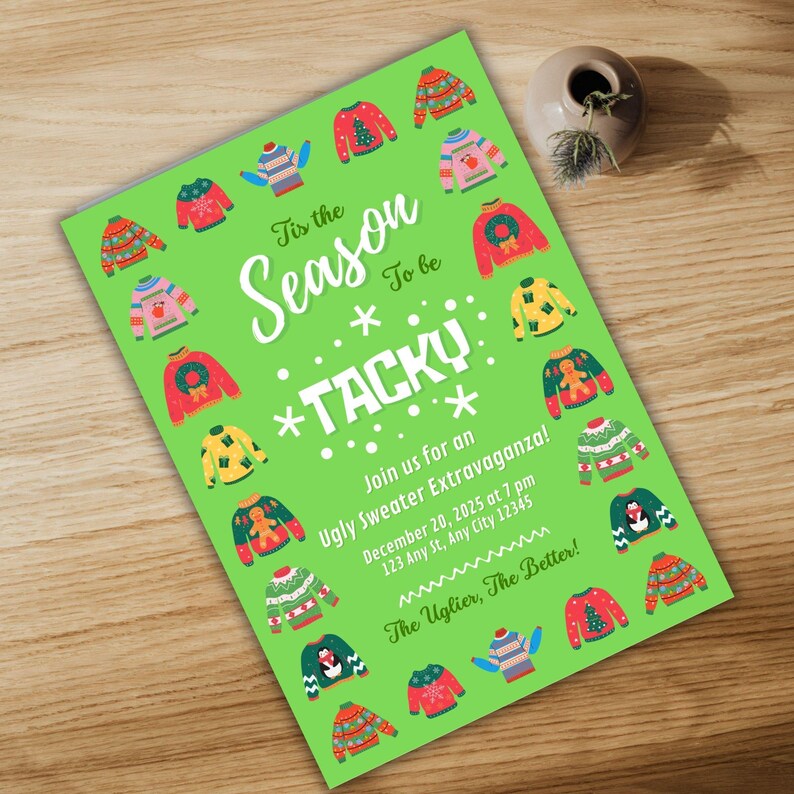 Ugly Sweater Holiday Party Canva Bundle: Tacky Christmas Invite, Sign ...