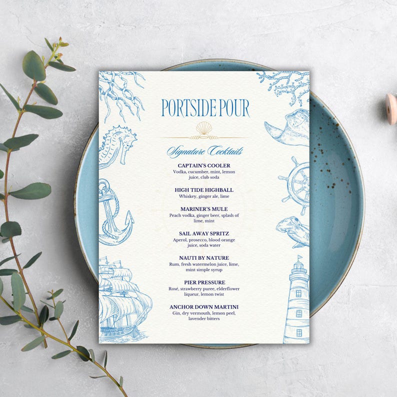 Elegant Vintage Nautical Cocktail Menu Template | Editable Seaside Bar ...