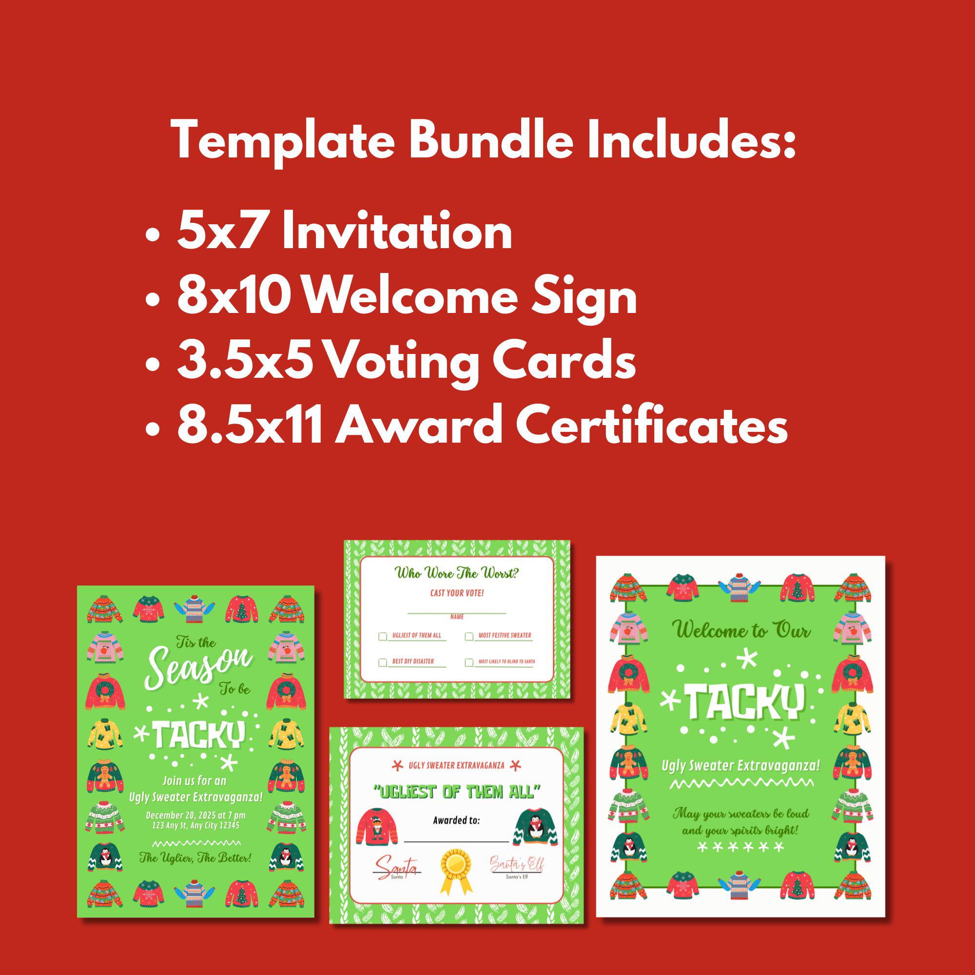 Ugly Sweater Holiday Party Canva Bundle: Tacky Christmas Invite, Sign ...