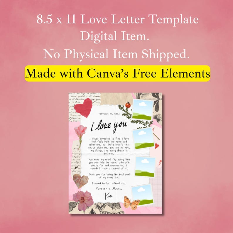 Printable DIY Love Letter Template | Romantic Scrapbook Photo Collage ...