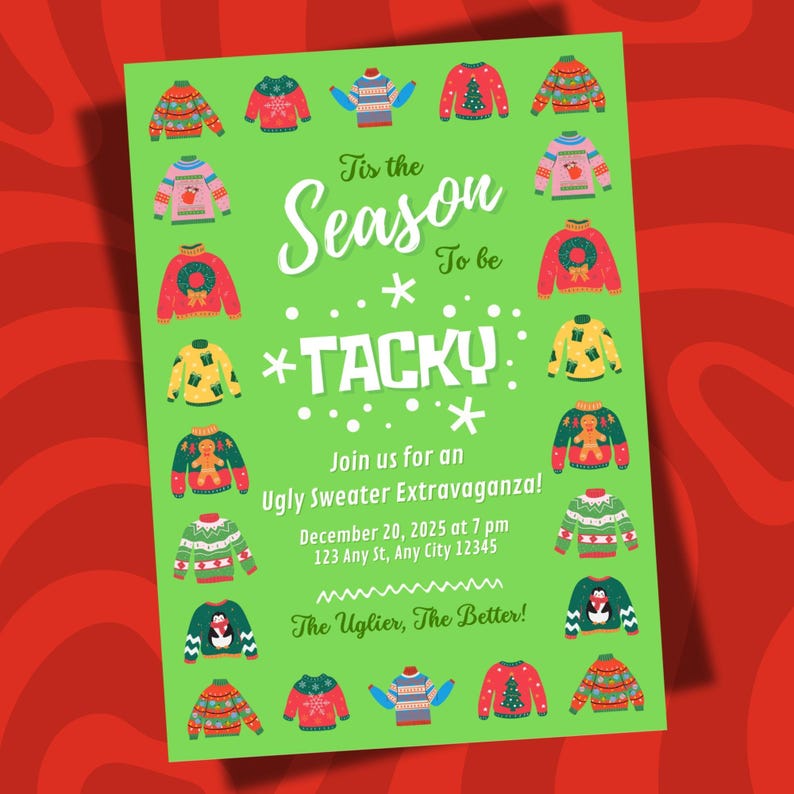 Ugly Sweater Holiday Party Canva Bundle: Tacky Christmas Invite, Sign ...