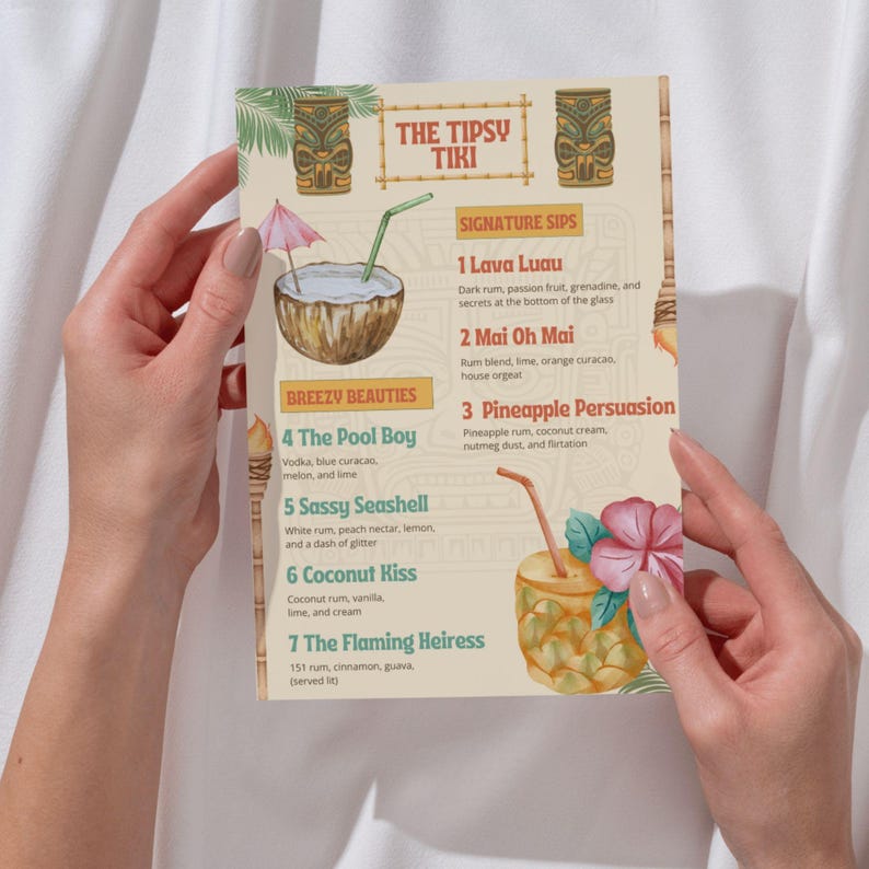 Retro Tiki Bar Cocktail Menu Template: Vintage Tropical Luau Drink Sign ...