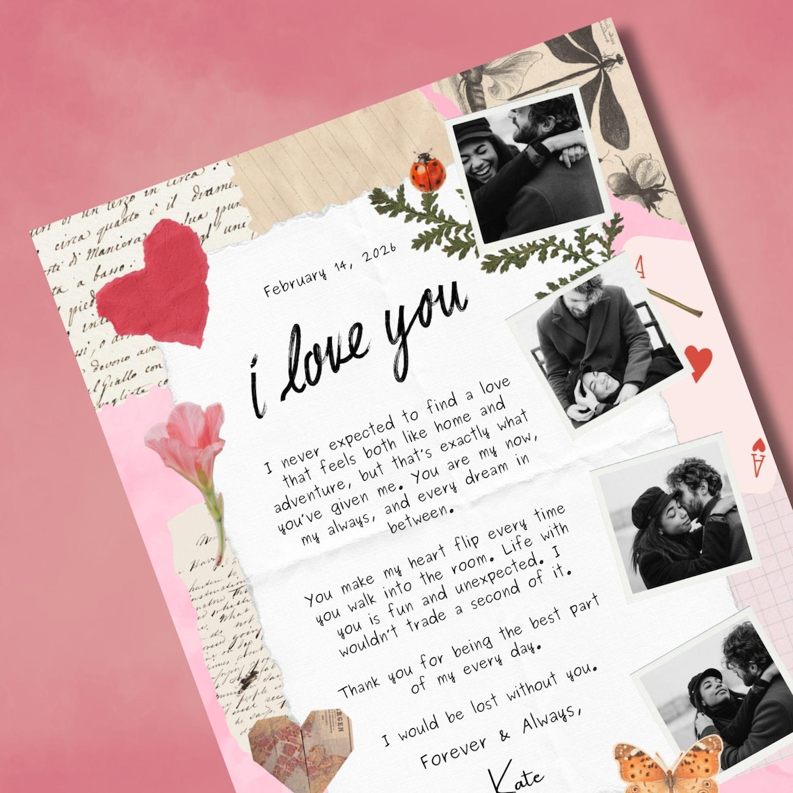 Printable DIY Love Letter Template | Romantic Scrapbook Photo Collage ...