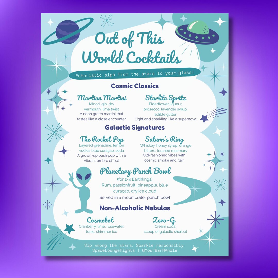 Retro Alien Cocktail Menu Template: Space Theme Bar Sign (canva Pro) - Etsy