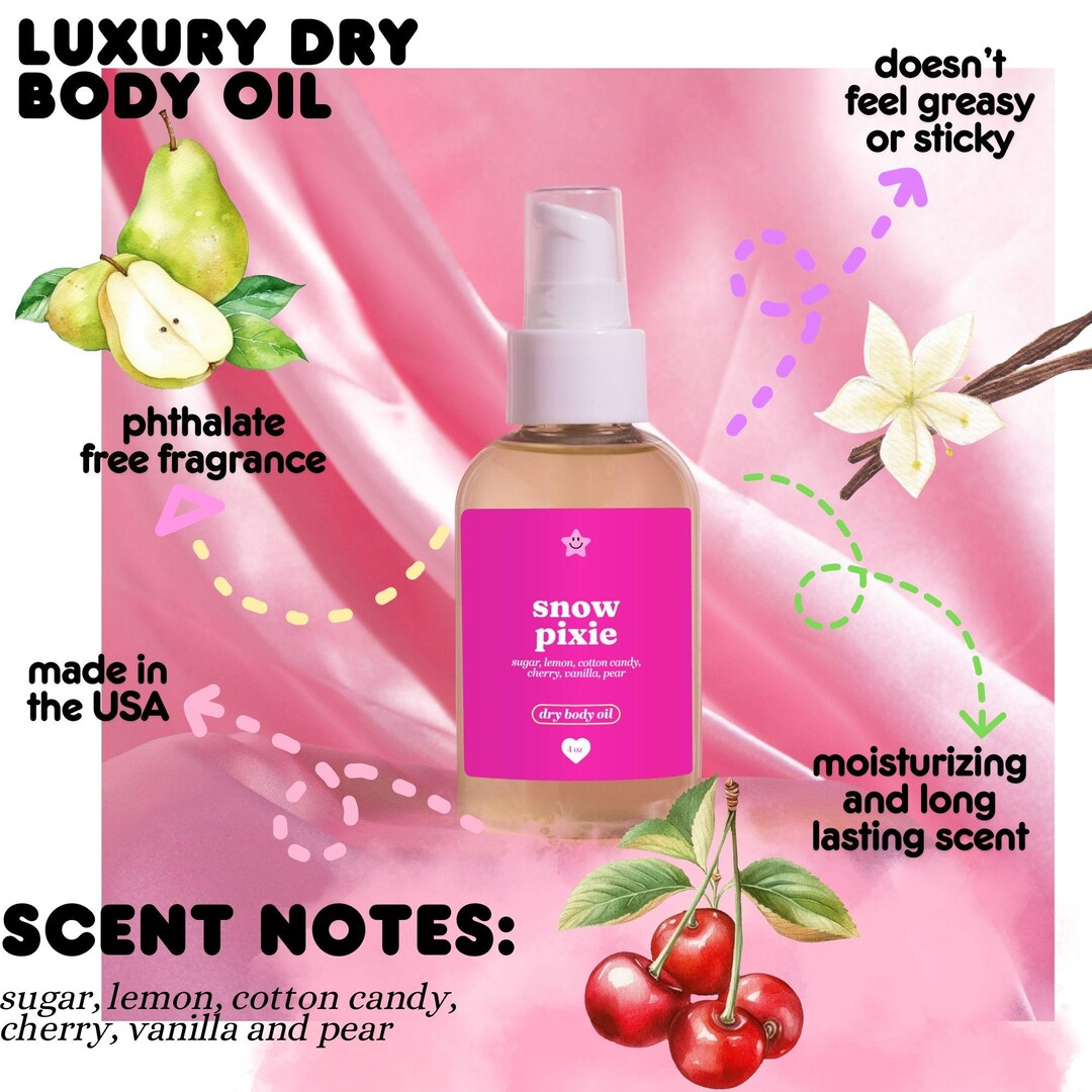 Snow Pixie Cotton Candy Scented Body Oil for Soft Skin, Luxury Body Oil Natural Dry Oil Skincare ...