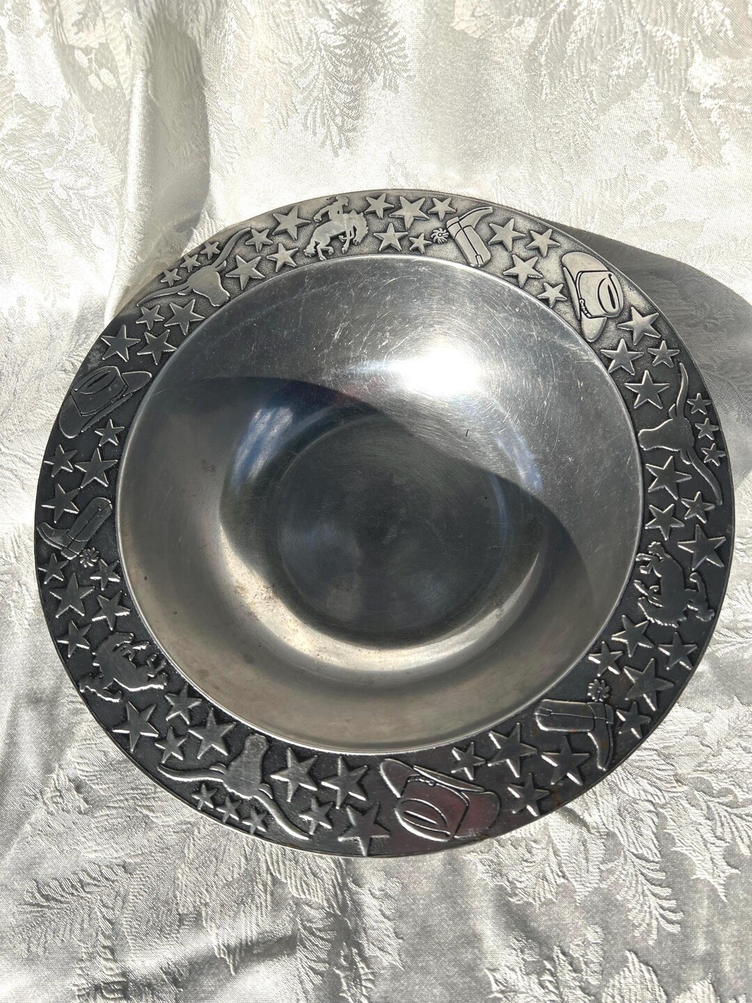 Wilton Armetale Western Pattern Bowl - Boots, Spurs, Stars, Cowboy Hats ...