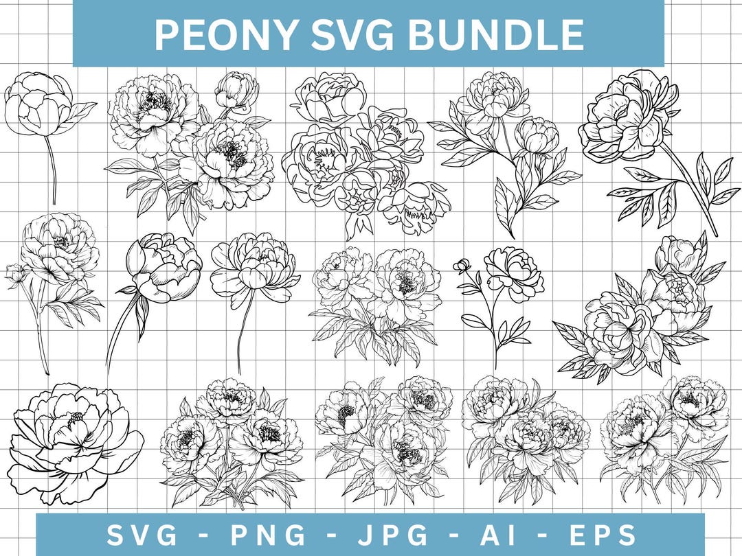 Peonies Svg Bundle,peony Fine Line Artwork,peonies Bouquet Svg,floral ...