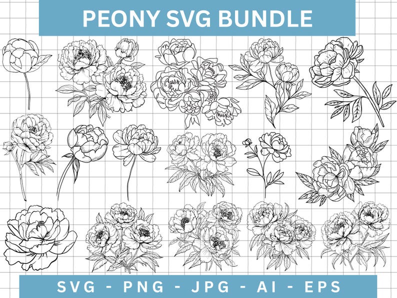 Peonies Svg Bundle,peony Fine Line Artwork,peonies Bouquet Svg,floral ...