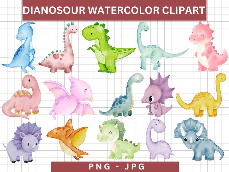 Watercolor Cute Dinosaur Clipart,jurassic Dino Clipart,kids Birthday ...