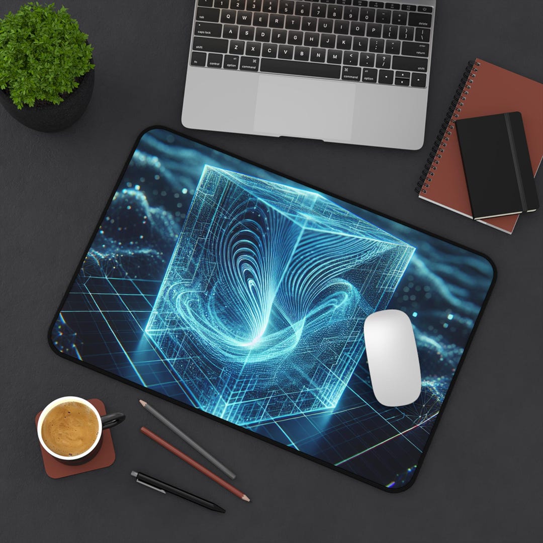 Holographic Desk Mat With Neon Grid Design, Levitating Cube, AI ...