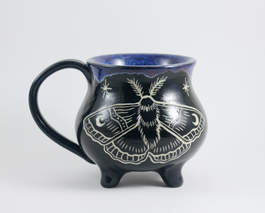Handmade Celestial Moth Cauldron Mug, Wheel Thrown Ceramics , Sgraffito ...
