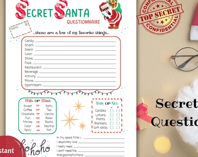Secret Santa Questionnaire Printable for Kids, Students, Coworkers - Etsy