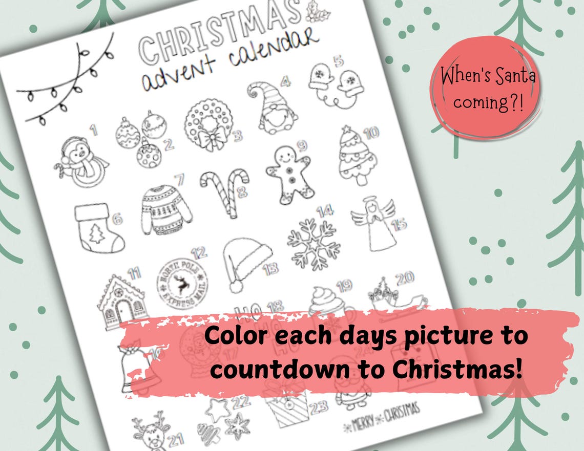 Christmas Advent Calendar Coloring Page for Kids (digital Download) - Etsy