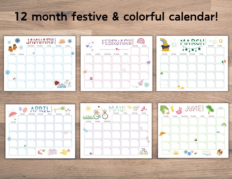 2025 Printable Calendar, Kids Colorful Calendar, PDF Calendar, Wall ...