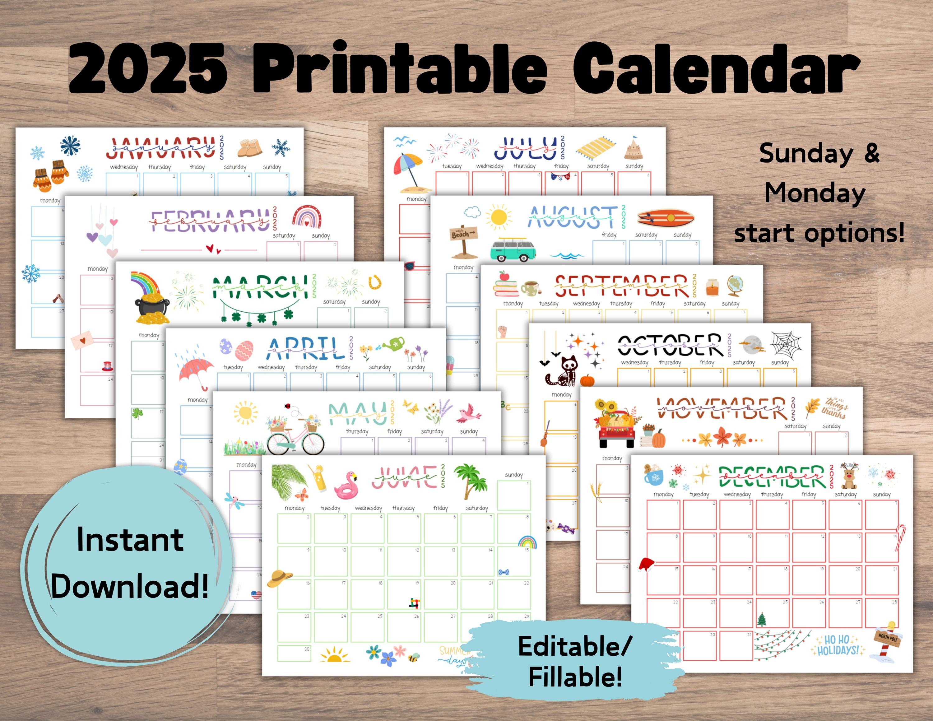 2025 Printable Calendar, Kids Colorful Calendar, PDF Calendar, Wall ...