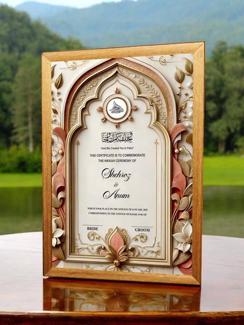 Pink Paradise 3D Nikah Certificate Frame | Editable Digital Nikkah Nama ...