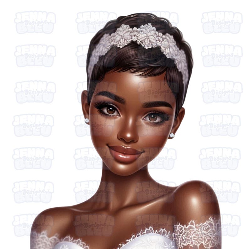 African American Bride Clipart | Pixie Cut Wedding PNG (digital ...