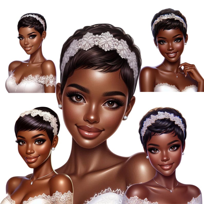 African American Bride Clipart | Pixie Cut Wedding PNG (digital ...