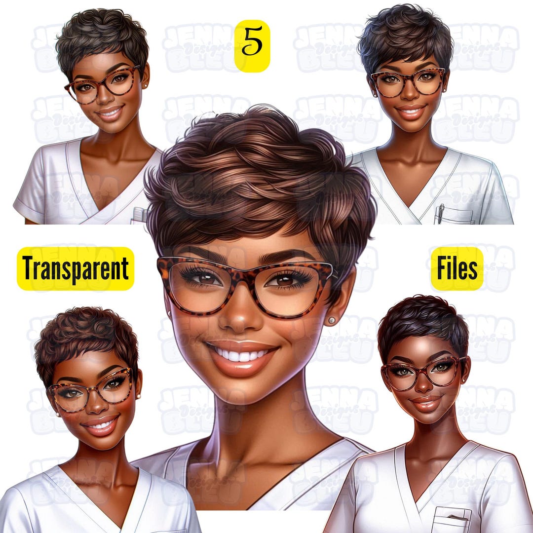 Pixie Cut Nurse White Scrubs PNG, Black Woman Medical Assistant PNG ...