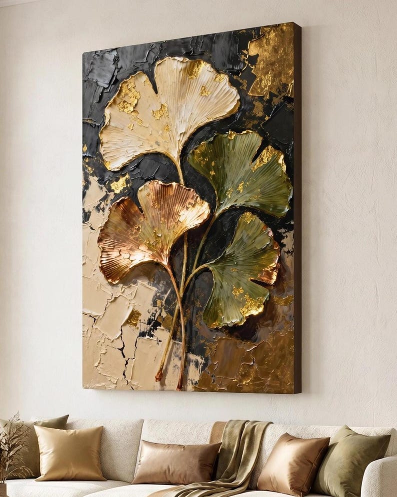 Ginkgo Leaf Wall Art, Gold Botanical Canvas Print, Neutral Beige Green ...