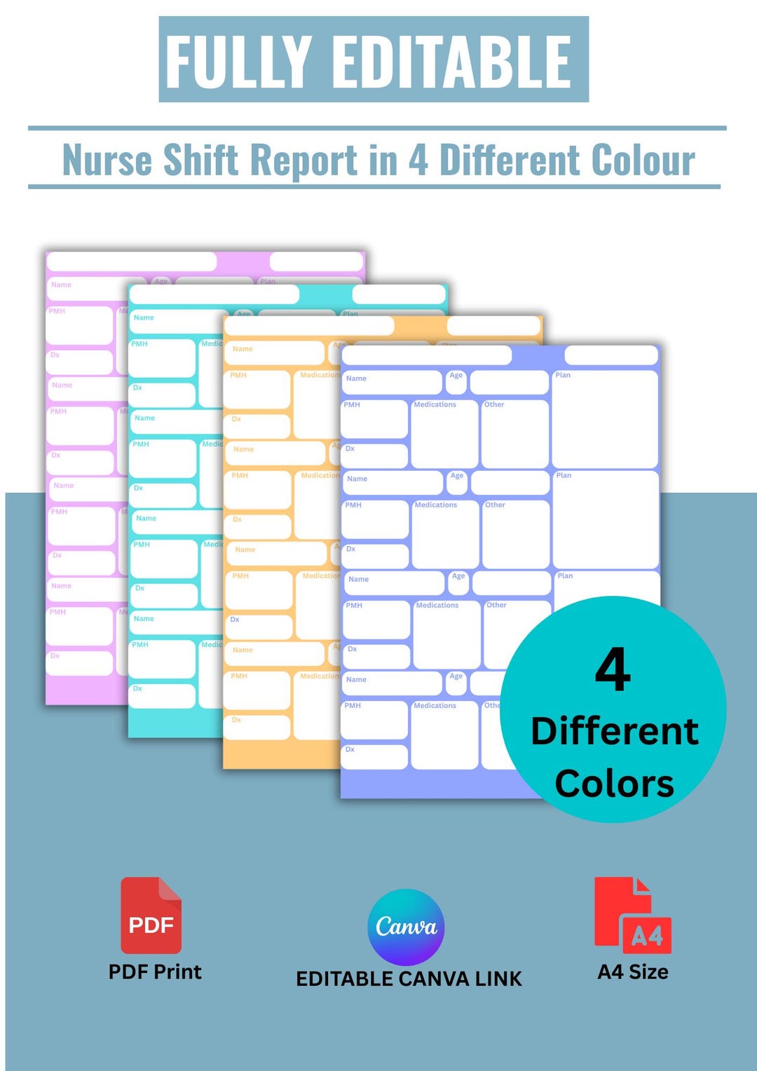 Editable Nurse Shift Report Templates in 4 Colors | Printable Canva Pdf ...