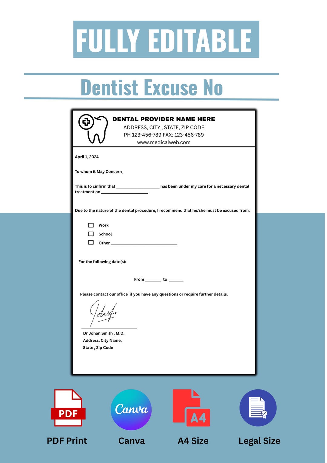 Editable Dentist Excuse Note Template | Dental Clinic Form (PDF, Canva ...