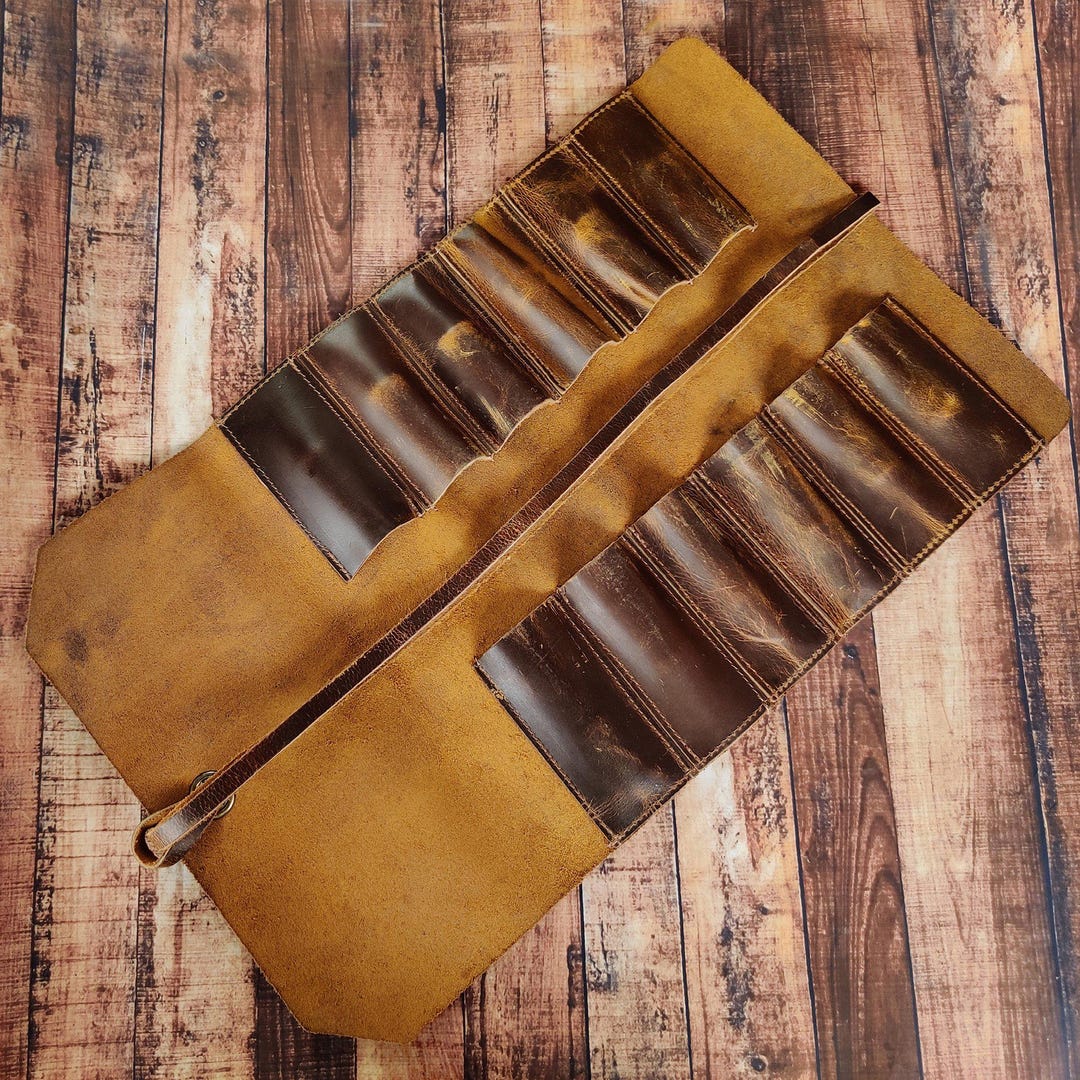 Leather Tool Roll up Pouch Brown Wrenches Roll 10/12 Slots Chisel Roll ...