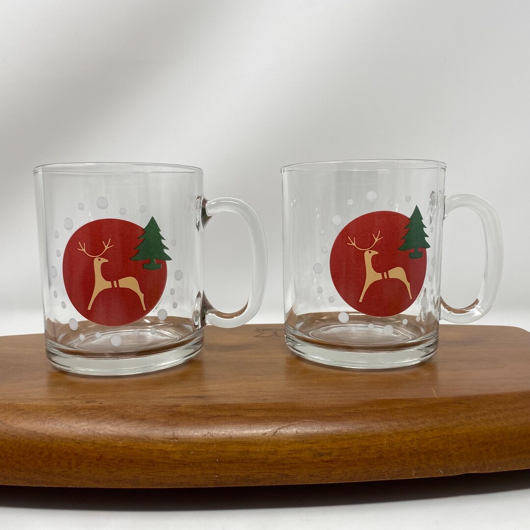 Luminarc Set of 2 Vintage Clear Glass Christmas Mugs With Reindeer ...