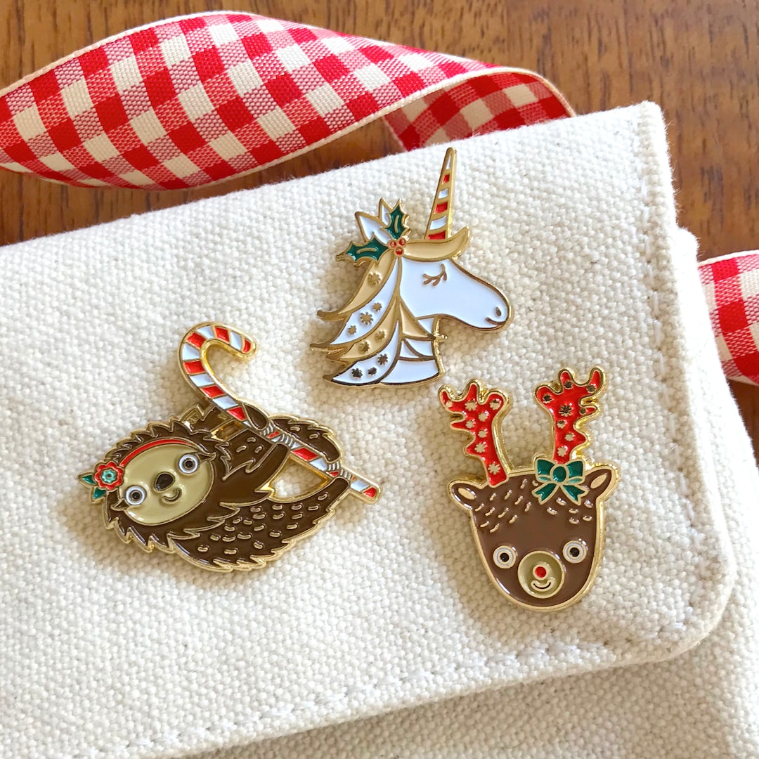Holiday Enamel Pin Gift Set – 3 Christmas Lapel Pins – Unicorn, Sloth ...
