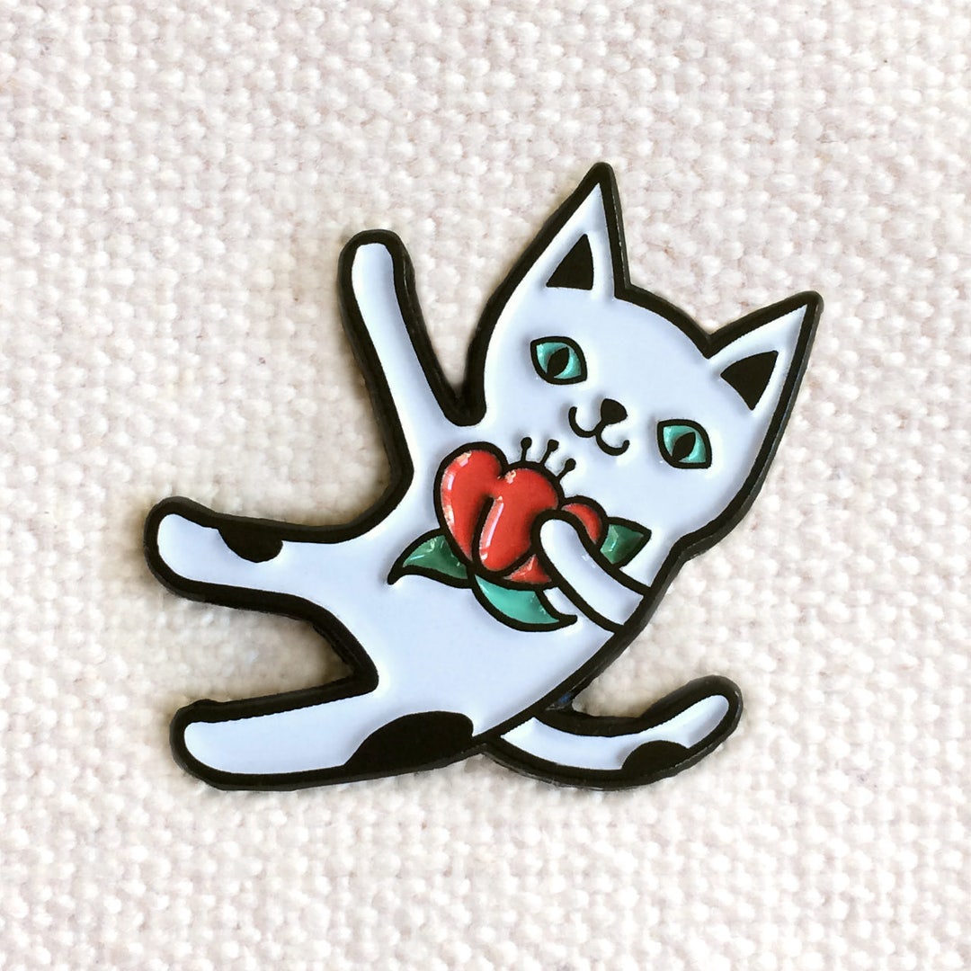 White Cat Enamel Pin – Dancing Kitty Black Metal Lapel Pin - Etsy