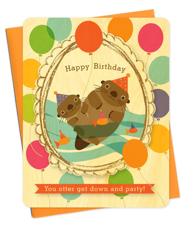 Otter Birthday Card Real Wood Card Otter Party Otter - Etsy