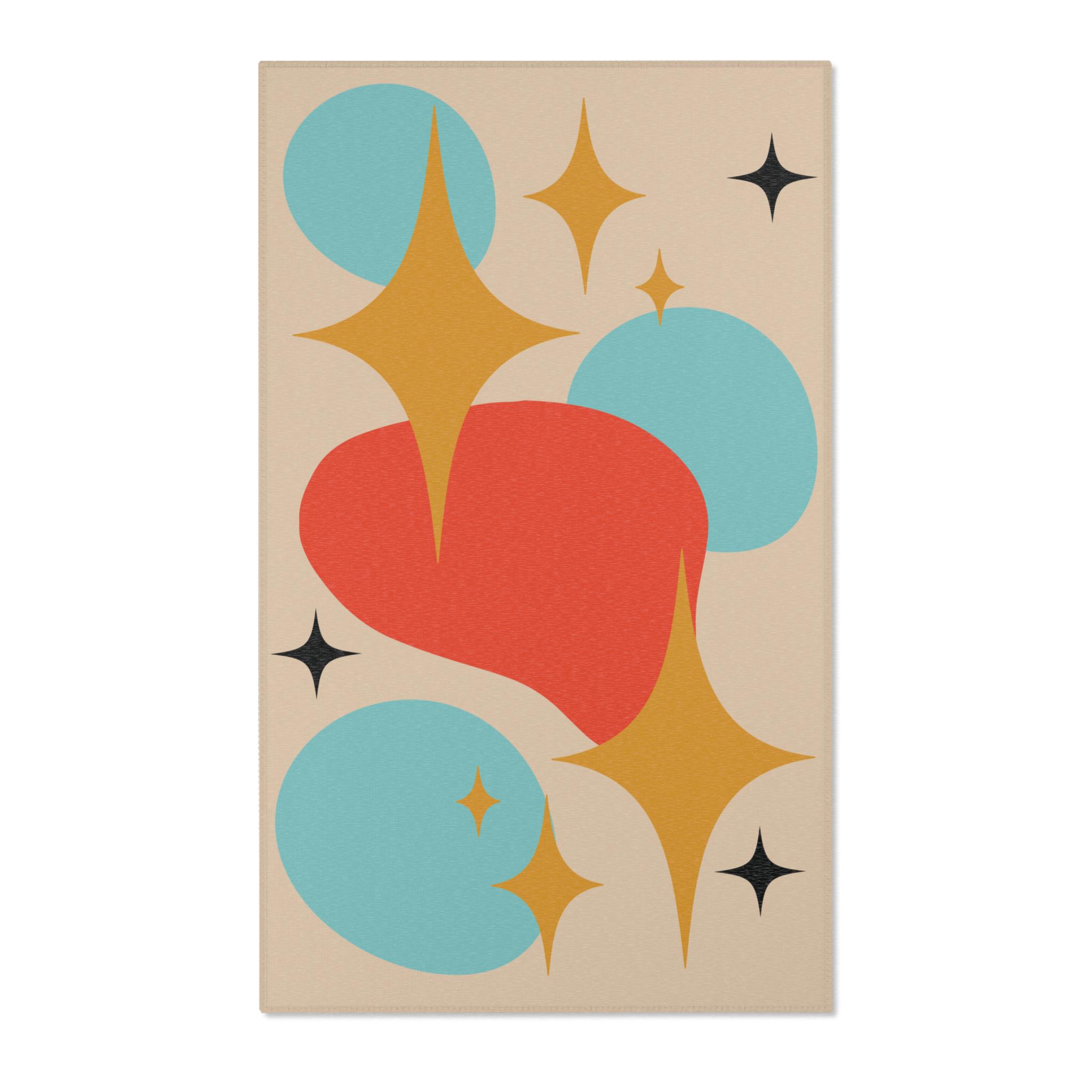 Mid Century Modern Atomic Starburst Area Rug, Beige, Teal, Geometric ...