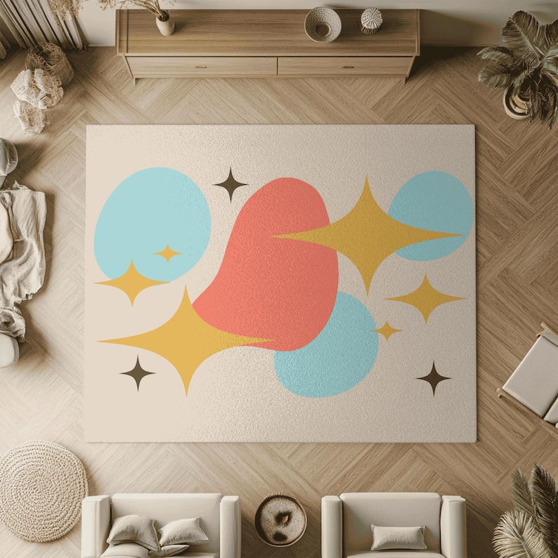 Mid Century Modern Atomic Starburst Area Rug, Beige, Teal, Geometric ...